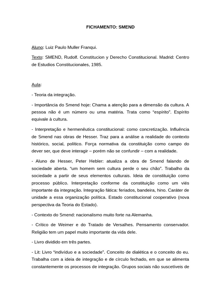 FICHAMENTO - SMEND, Rudolf. Constitucion y Derecho Constitucional | PDF ...