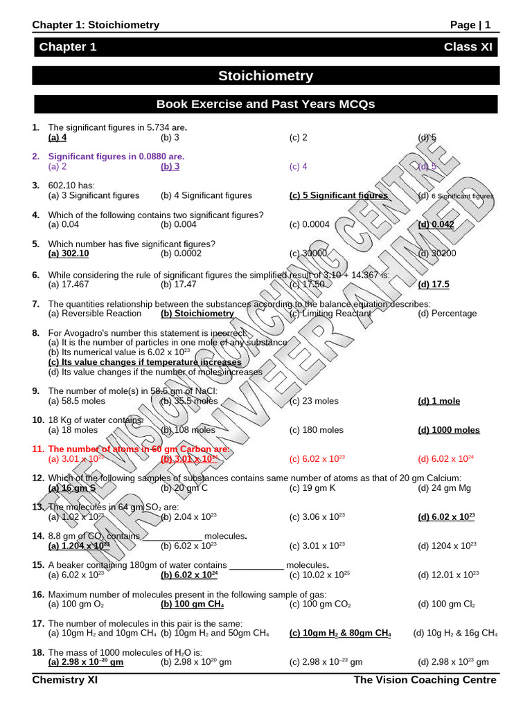 1 MCQs 1 | PDF | Stoichiometry | Mole (Unit)