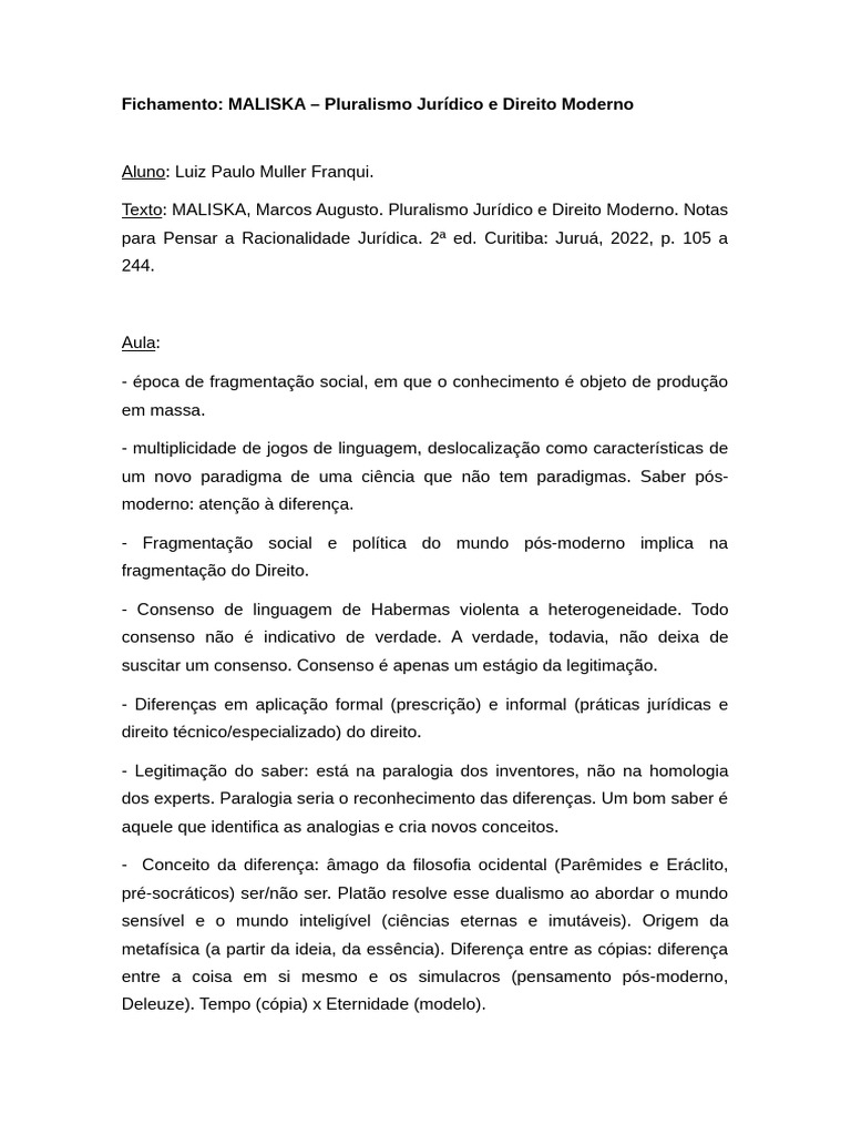 Fichamento - MALISKA, Marcos Augusto - Pluralismo Jurídico e Direito ...
