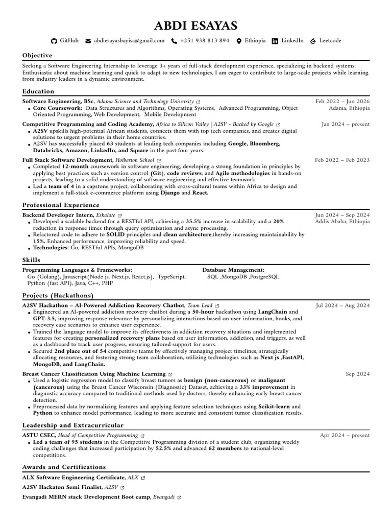 ABDI ESAYAS FlowCV Resume 20241001 | PDF | Mongo Db | Machine Learning