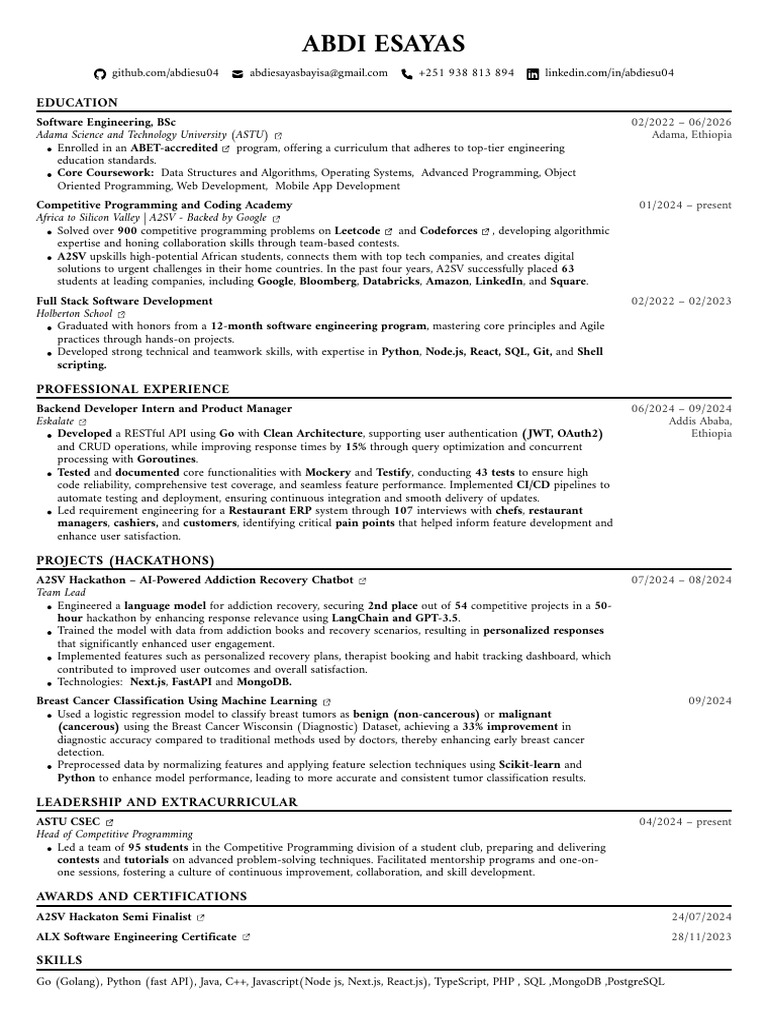 ABDI ESAYAS FlowCV Resume 20241022 | PDF | Software Engineering | Computing