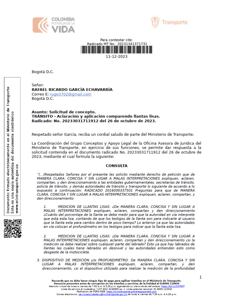 TR - NSITO - Aclaración y Aplicación Comparendo Llantas Lisas. | PDF | Colombia | Transporte