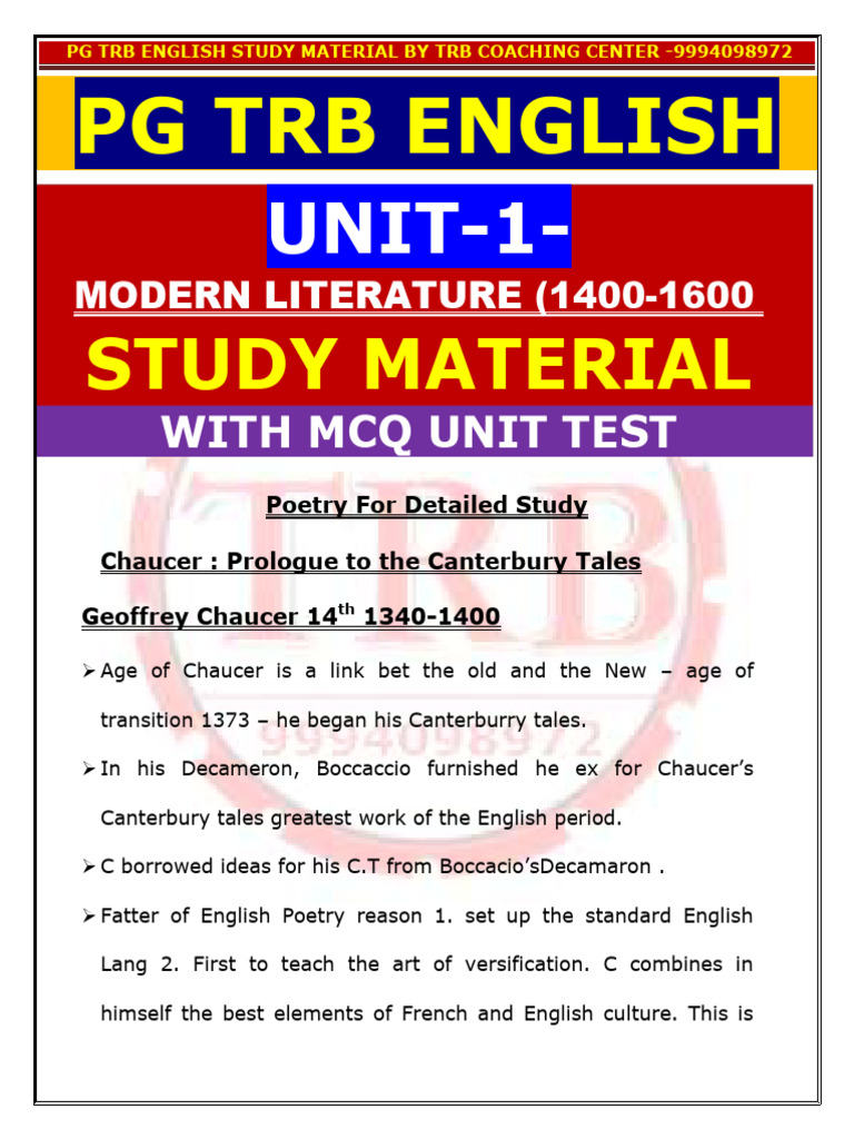 PG TRB ENGLISH UNIT 1 STUDY MATERIAL PDF Download | PDF | Edmund Spenser | The Faerie Queene