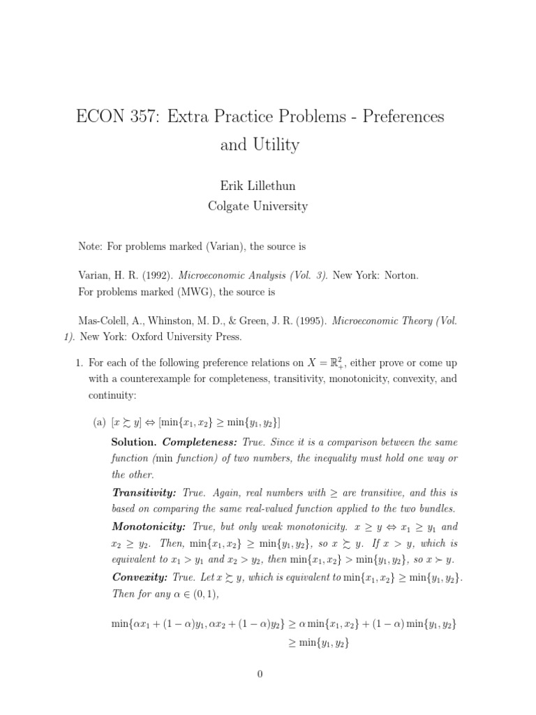 Extra Practice Problems - Preferences and Utility - Solutions | PDF | Inequality (Mathematics ...
