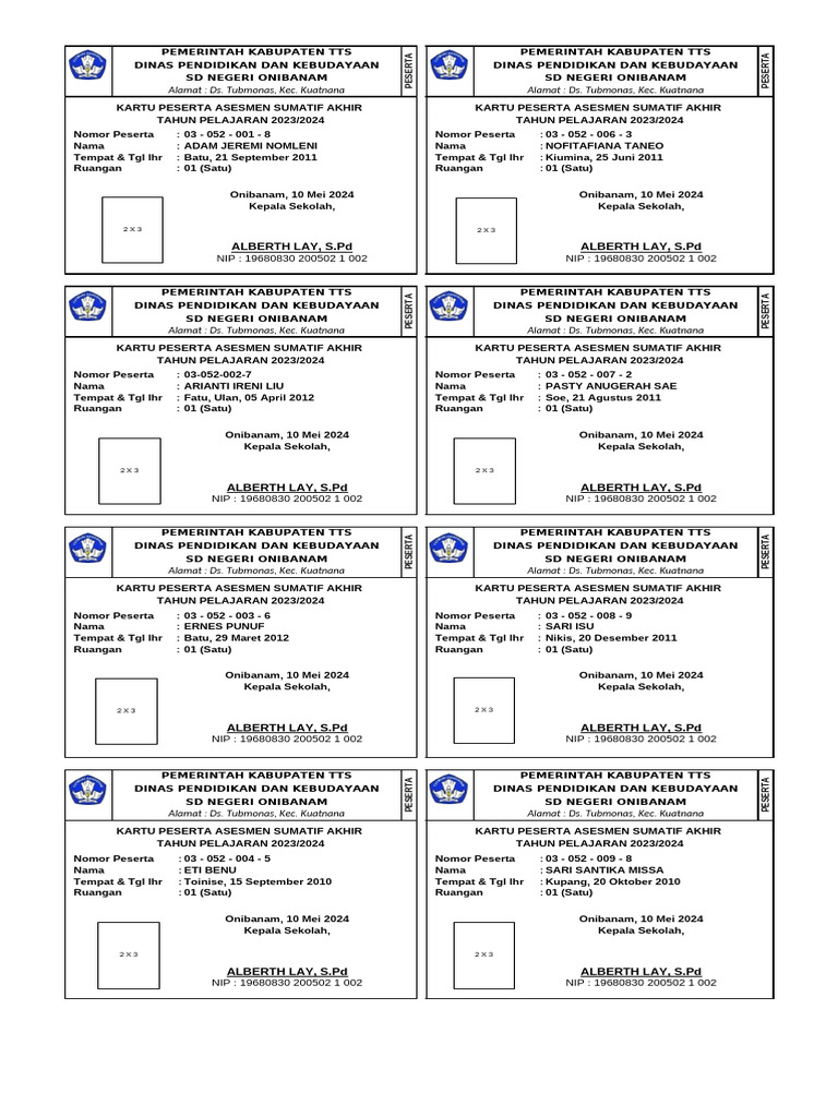 Kartu Tanda Peserta Ujian (Meja) 1 | PDF