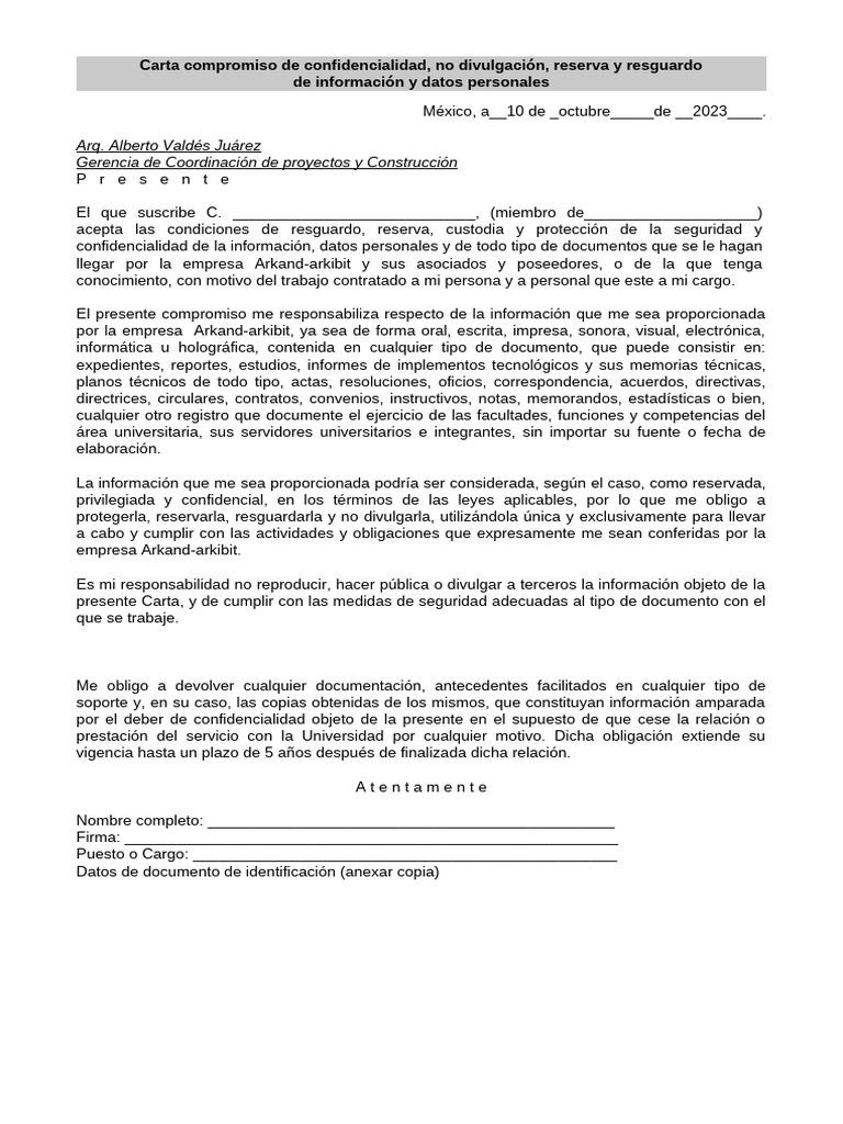 Carta Cofidencialidad UNAM | PDF