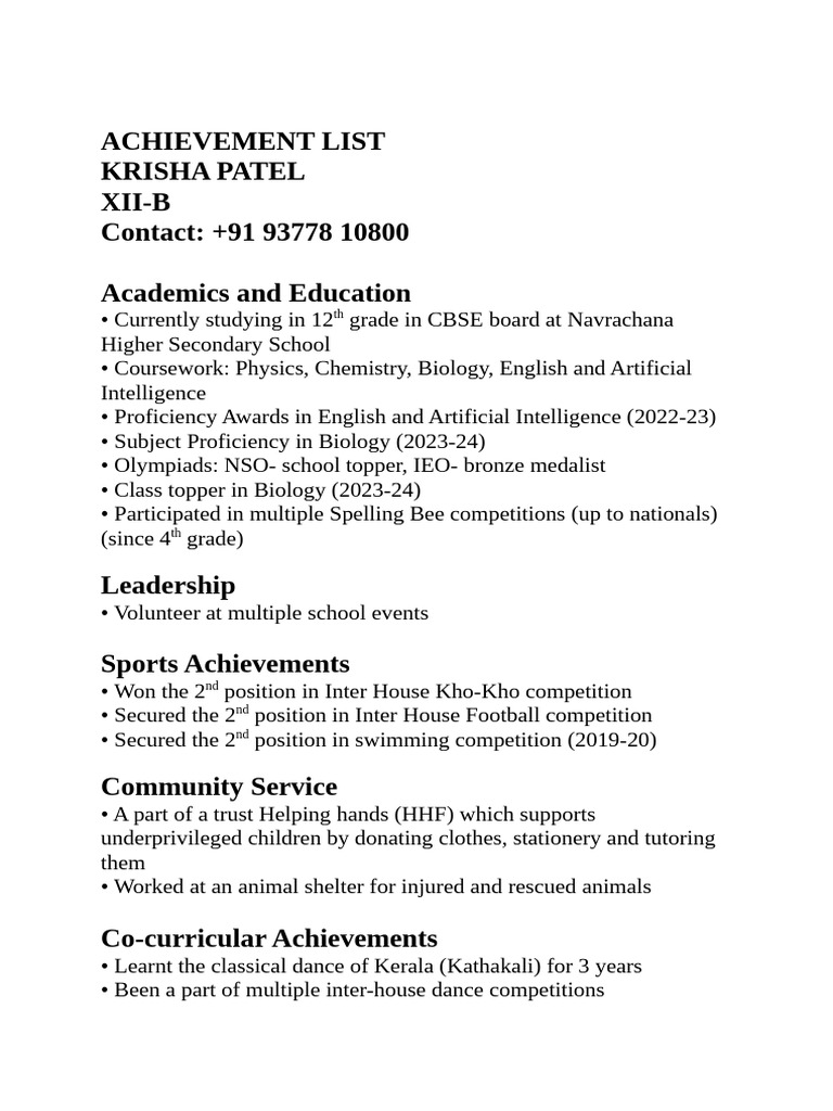 Krisha Patel's Achievement List | PDF