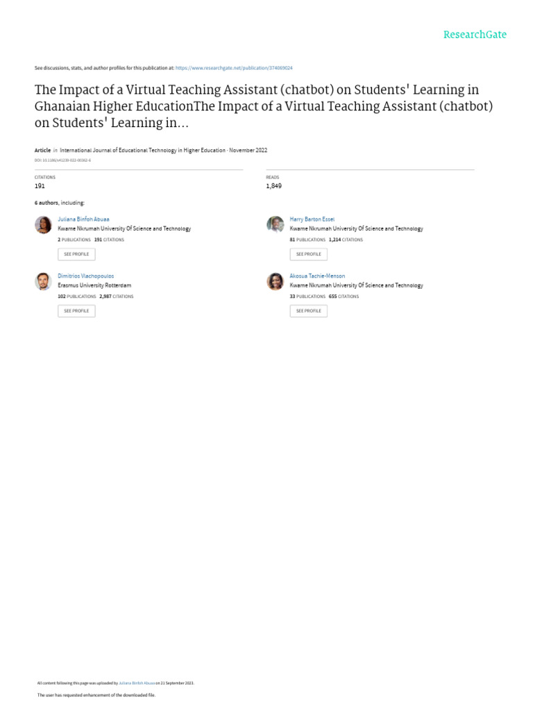 First - 1.the Impact of Virtual Teaching Assistants On Learning | PDF | Experiment | Data