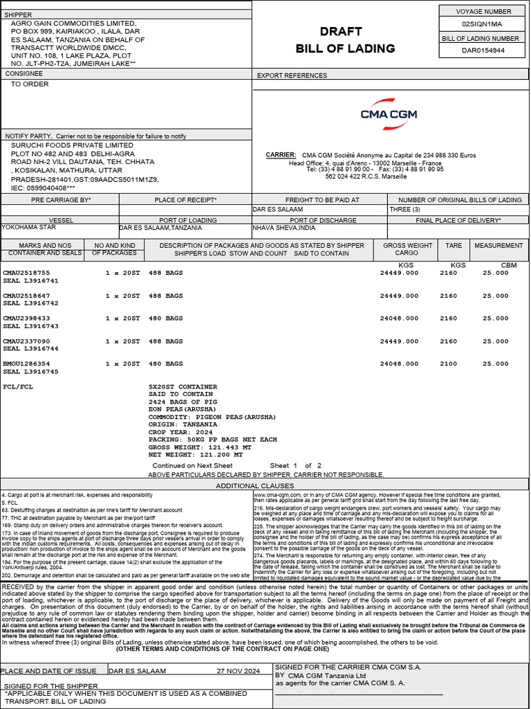 Bill of Lading for Pigeon Peas | PDF | Cargo | Bill Of Lading