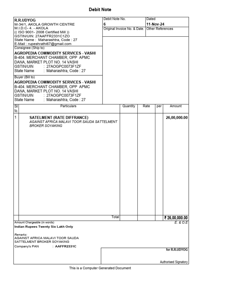 Debit Note No. 6 Agropedia Commodity Services - Vashi | PDF | Finance ...