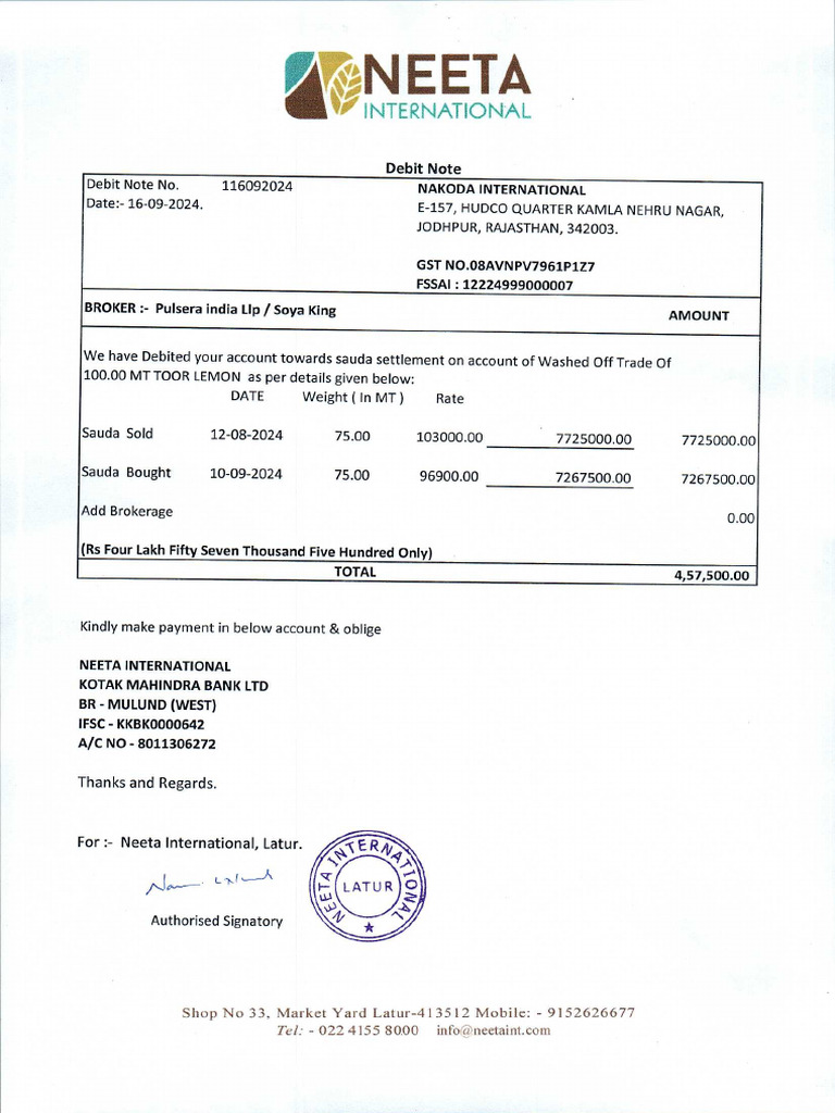 Neeta International Debit Note Details | PDF