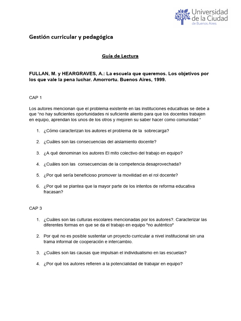 Guía de Lectura - Fullan y Heargraves | PDF