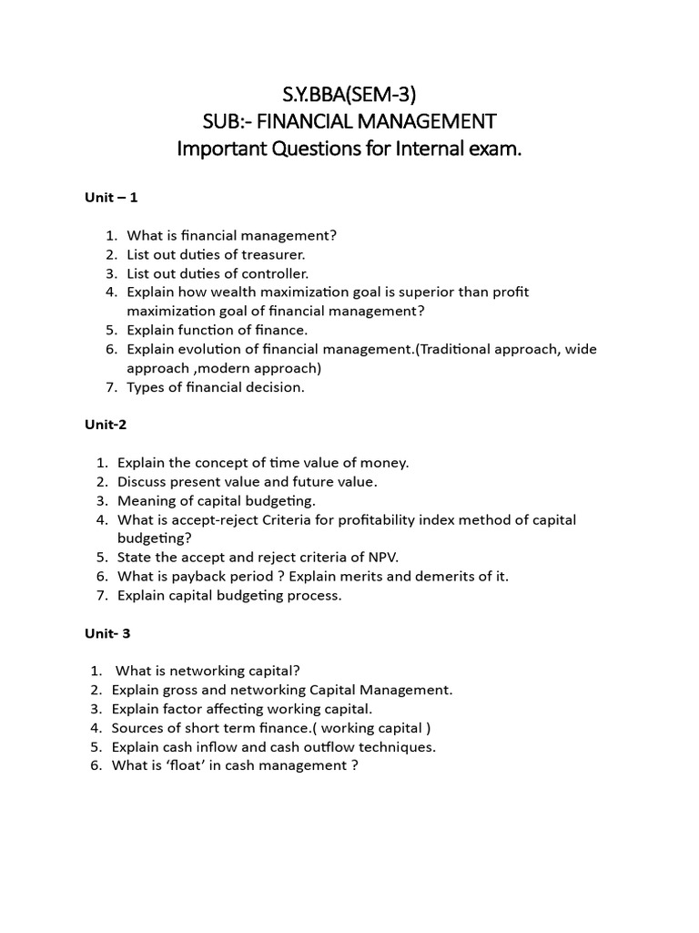 Key Financial Management Exam Questions | PDF | Finance & Money Management