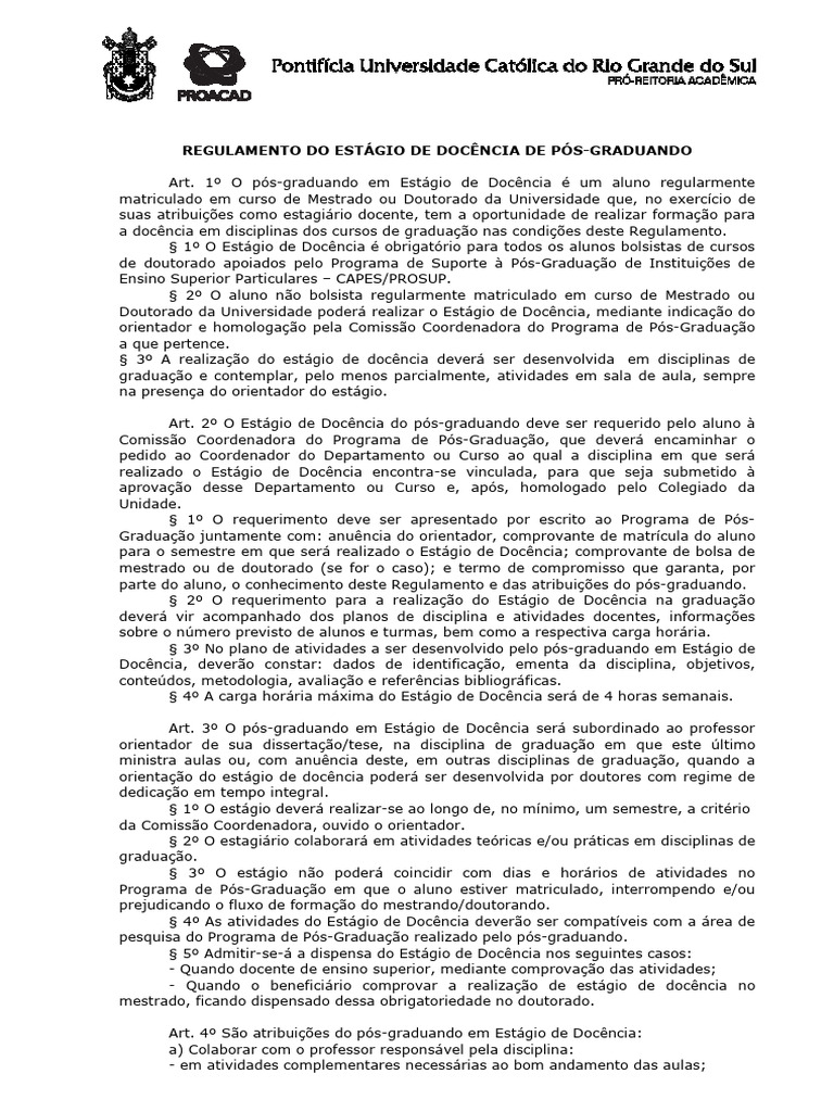 Regulamento Estágio de Docência | PDF | Pós-graduação | Mestrado