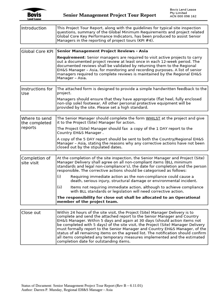 Senior Management Project Tour Report (Rev B 01.01.02) | PDF | Waste