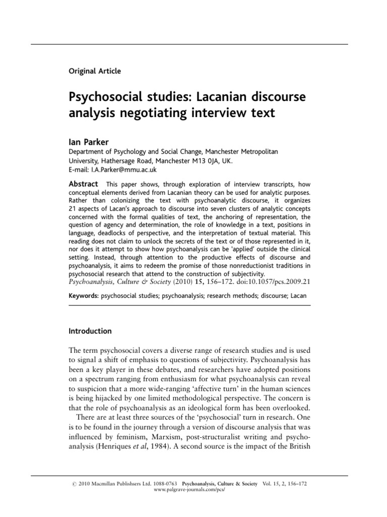 Lacanian Discourse Analysis Negotiating Interview Text-Parker | PDF ...