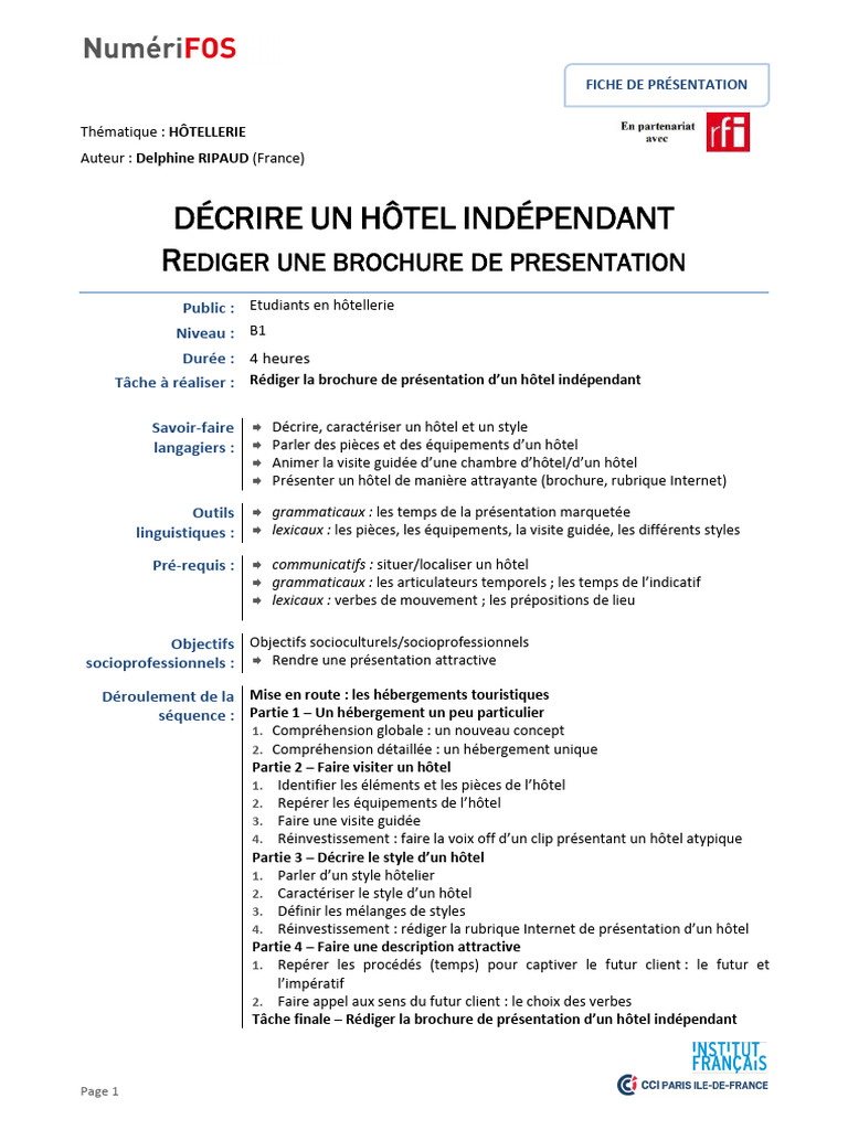 Présentation d'un hôtel indépendant | PDF | Hôtel | Linguistique