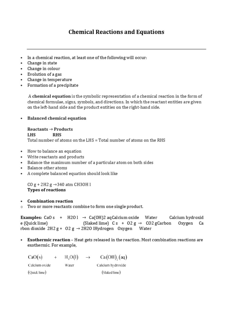 Class - 10 Science Revision Notes Chapter - 1 Chemical Reactions and ...
