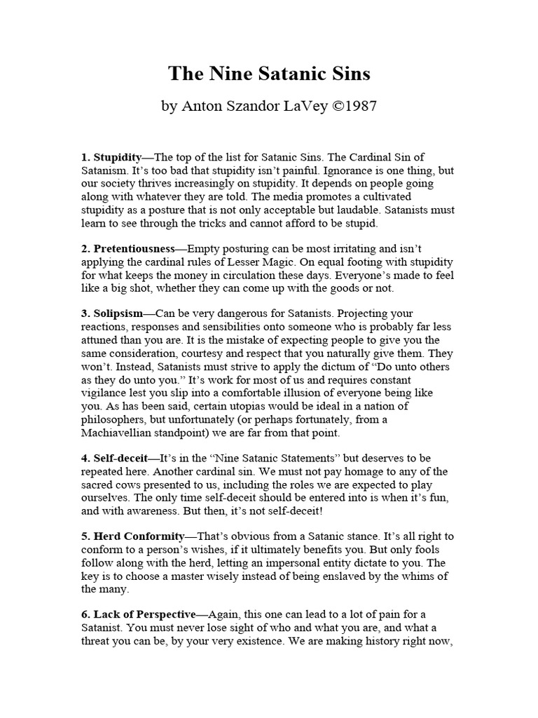 Anton LaVey - The Nine Satanic Sins | PDF | Satanism | Beauty