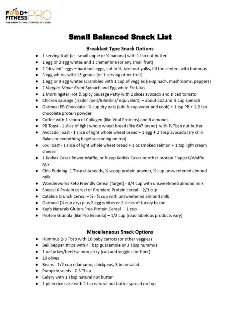 Small Balanced Snack List - August 2022 | PDF | Yogurt | Salad