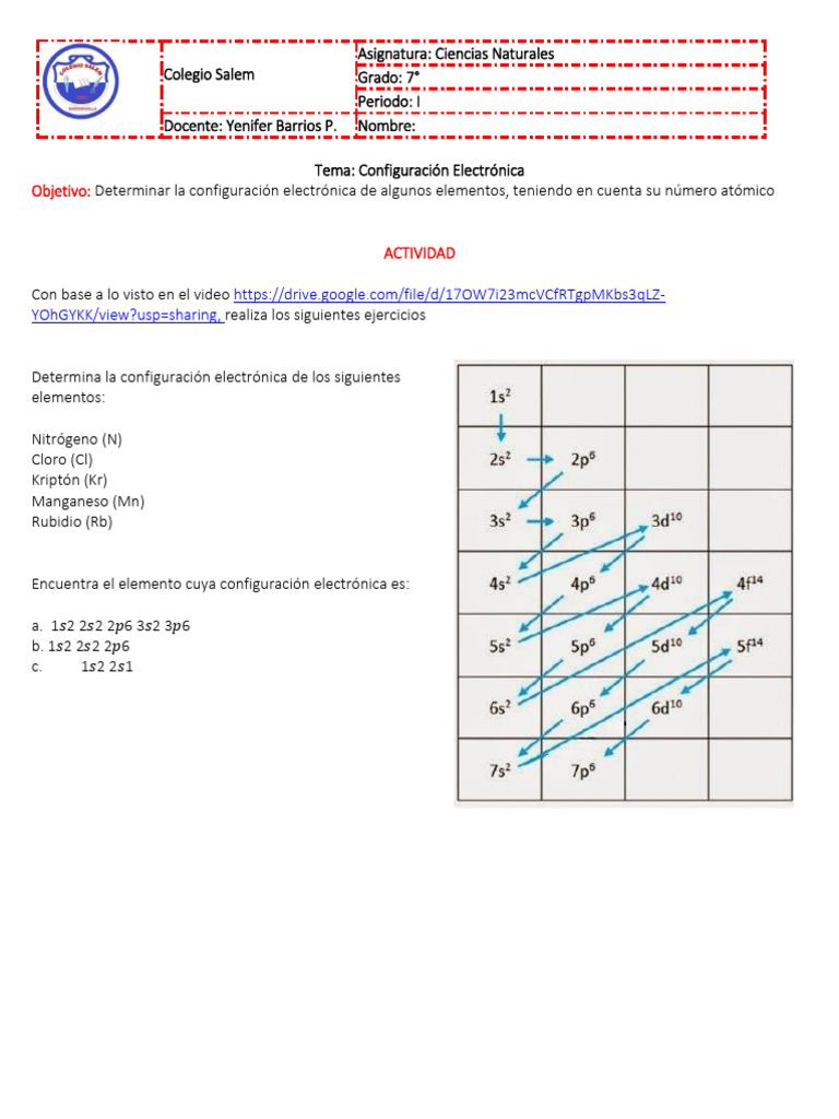Configuración Electrónica en Ciencias 7° | PDF