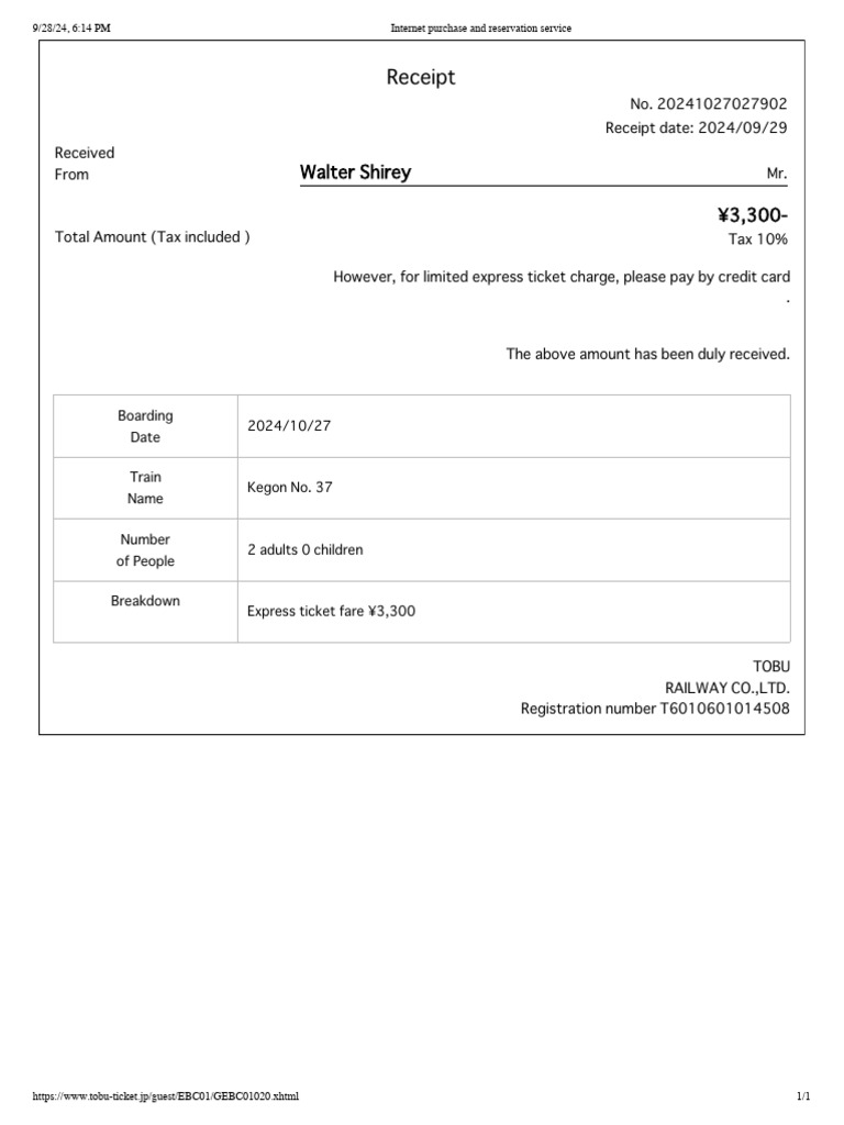 Nikko Limited Express Train Ticket Receipt | PDF