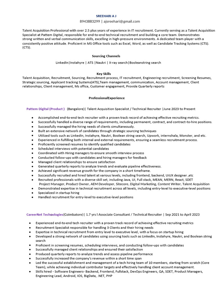 AJ Sreehari CV | PDF | Recruitment | Business