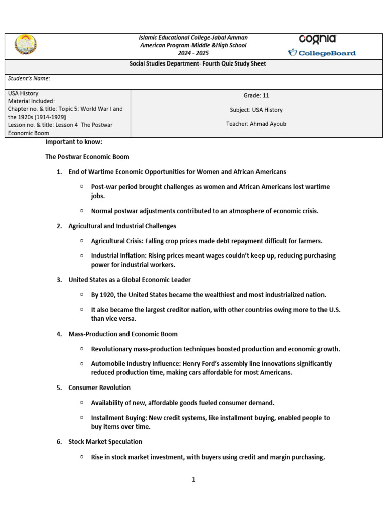 USA History 4th Quiz Studysheet 11th | PDF | Suburb | Prices