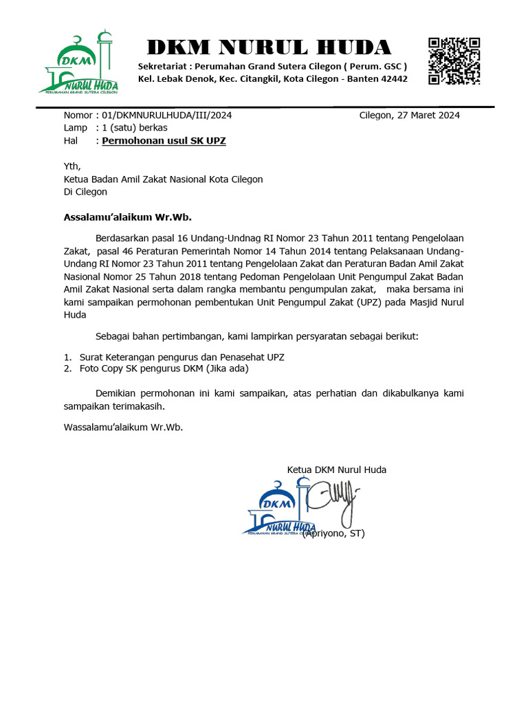Permohonan SK UPZ Masjid Nurul Huda | PDF