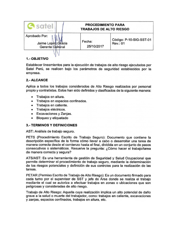 Procedimientos para Trabajo de Alto Riesgo | PDF