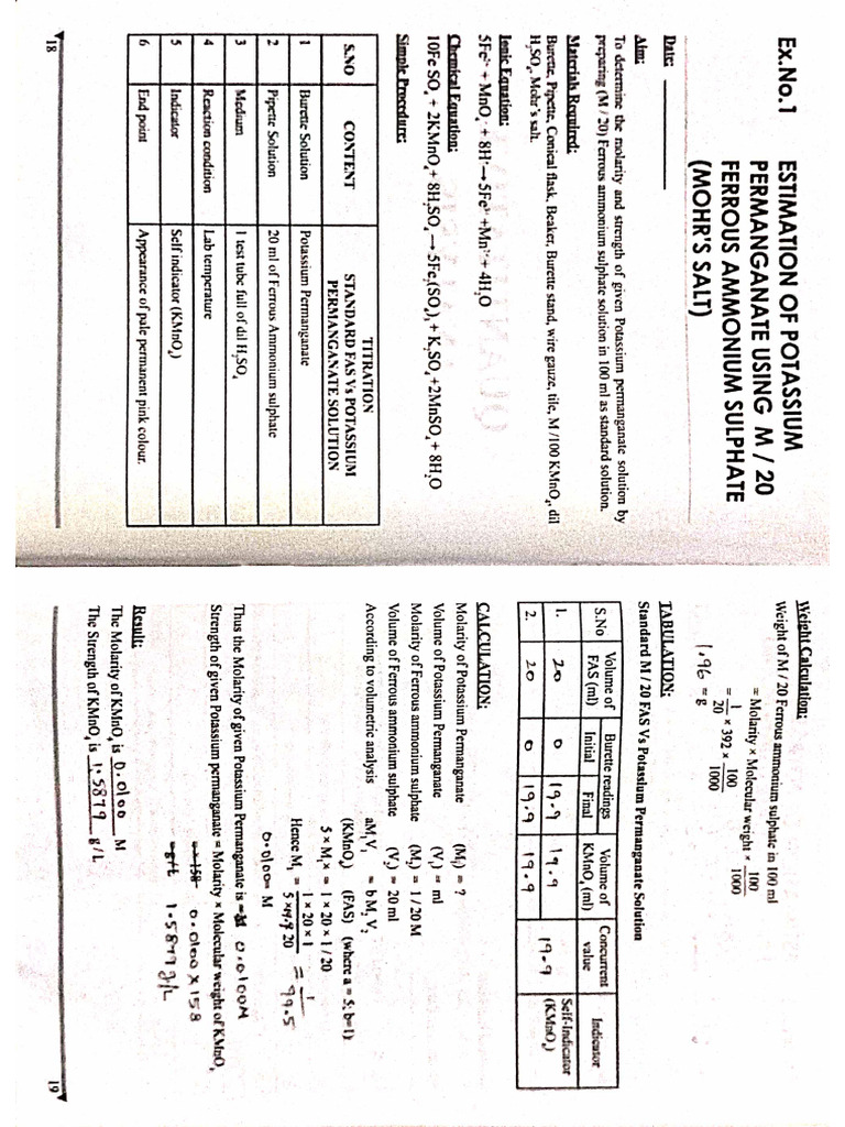 Chemistry Lab Record Readings and Calculations 2024-25 | PDF