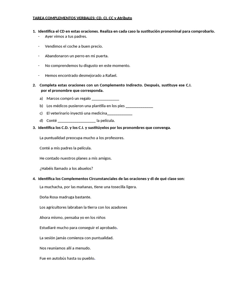 Análisis de Complementos Verbales en Oraciones | PDF | Predicado (Gramática) | Asunto (gramática)