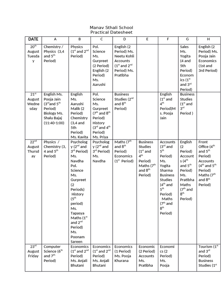 Class XI Practical Datesheet (New) | PDF