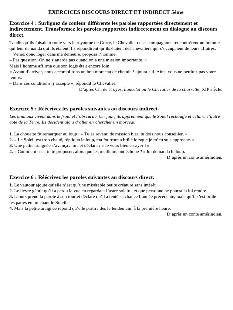 Exercices sur le discours direct/indirect | PDF