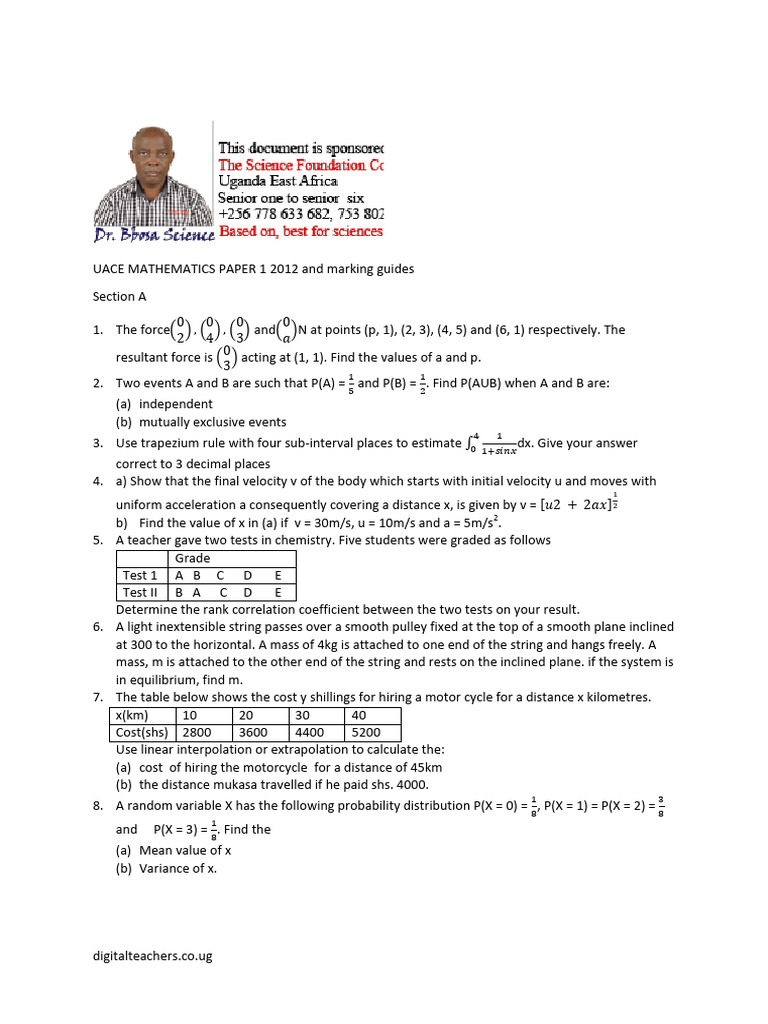 UACE MATHEMATICS PAPER 2 2012 and Marking Guide | PDF | Force | Area