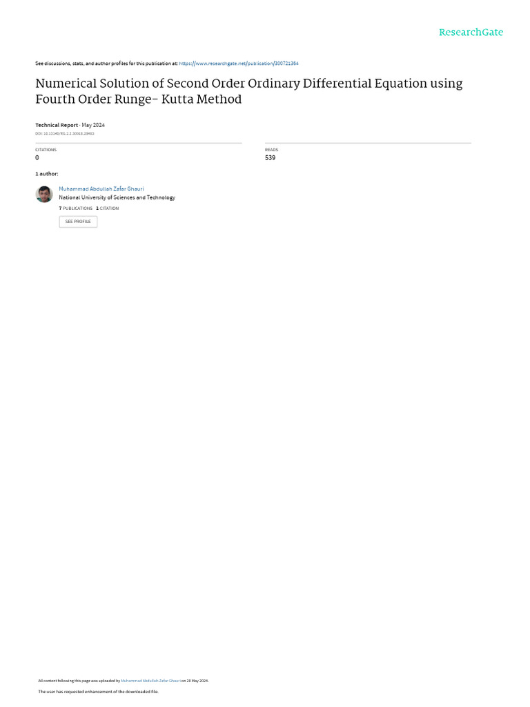 Numerical Solution Of Second Order Ordinary Differential Equation Using Fourth Order Runge Kutta