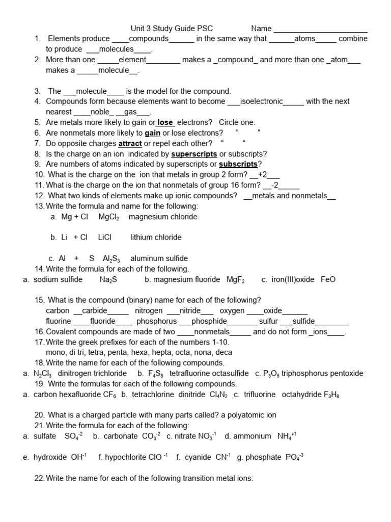 Keyunit 3 Study Guide PSC | PDF | Ion | Chemical Compounds