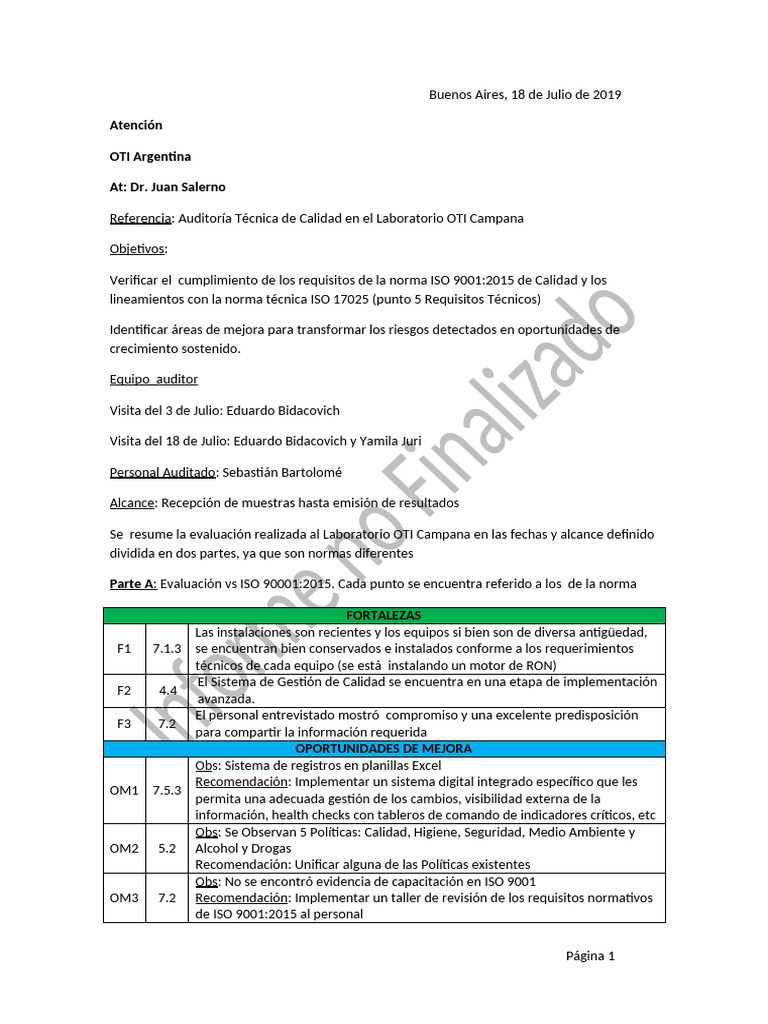 Auditoría de Calidad en OTI Campana | PDF | Laboratorios | Calibración