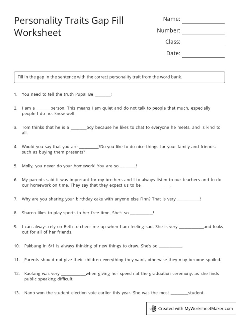 Personality Traits Gap Fill Worksheet | PDF