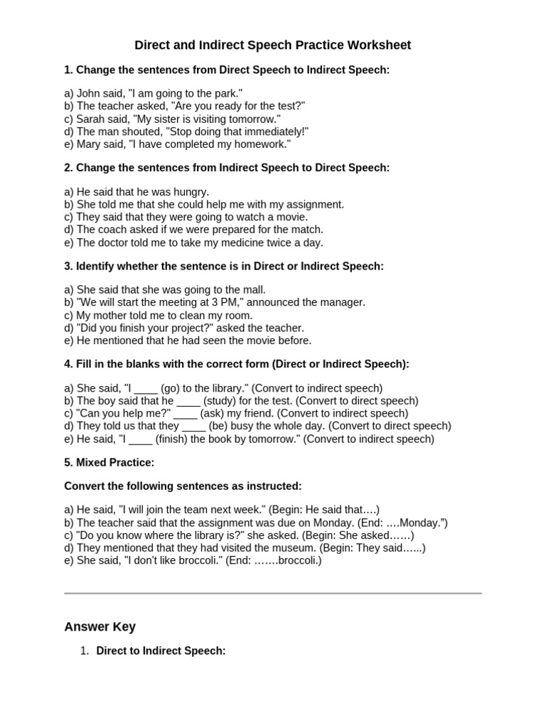 Direct and Indirect Speech Practice Worksheet | PDF