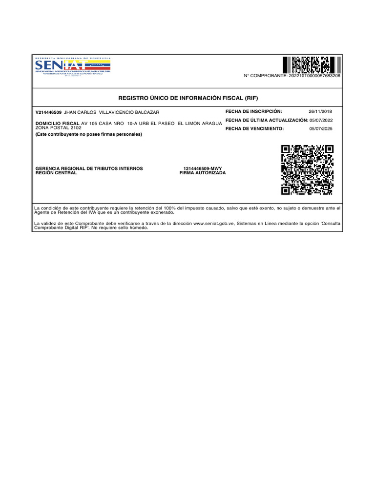 Comprobante Digital RIF de Contribuyente | PDF | Negocios