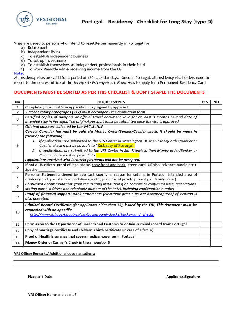 Portugal Long Stay Visa Checklist | PDF | Travel Visa | Money Order