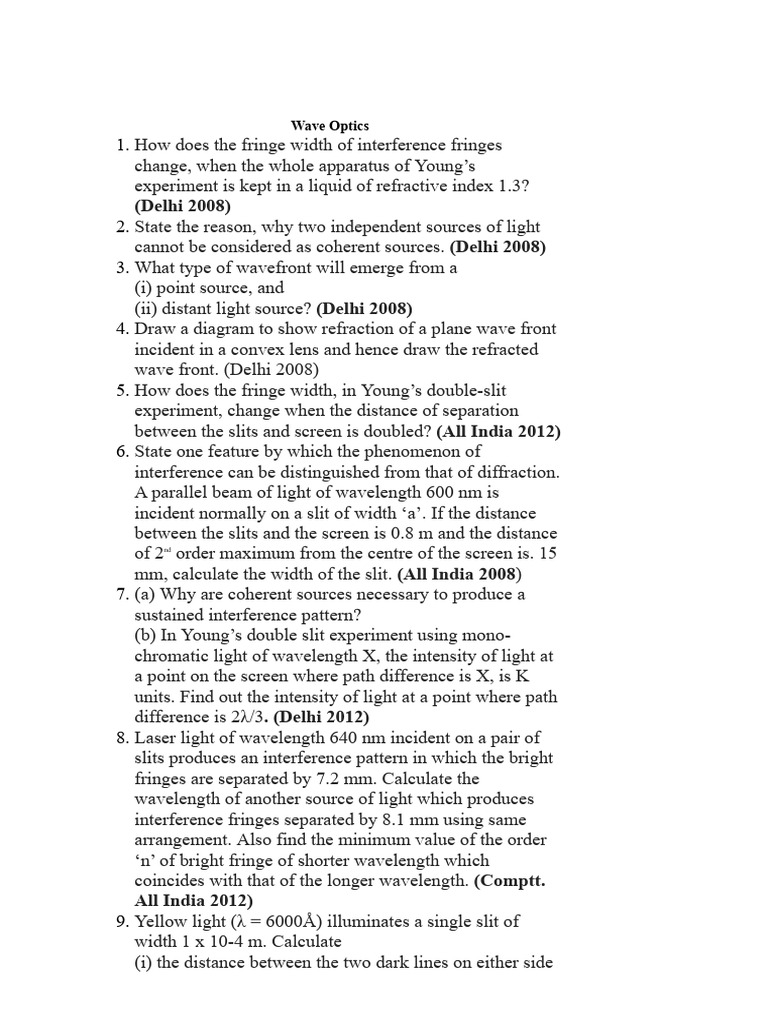 Wave Optics Docx Pdf Diffraction Wavelength