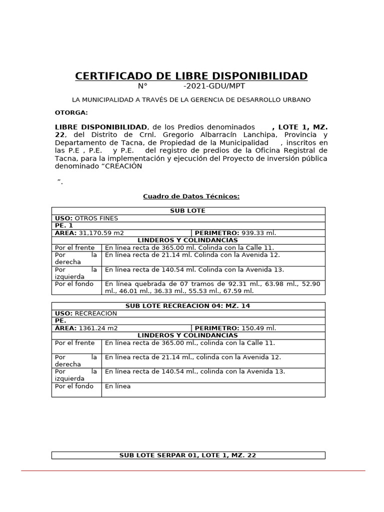 Certificado de Libre Disponibilidad Tacna | PDF