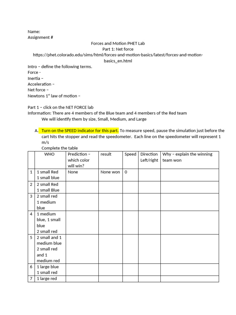 Forces and Motion PHET Lab Part 1 Net Force | PDF | Force | Motion ...