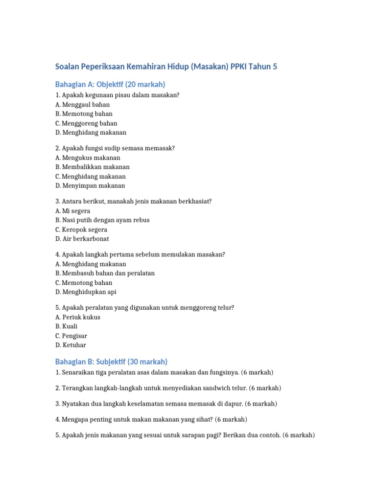 Soalan Kemahiran Hidup PPKI Tahun 5 | PDF