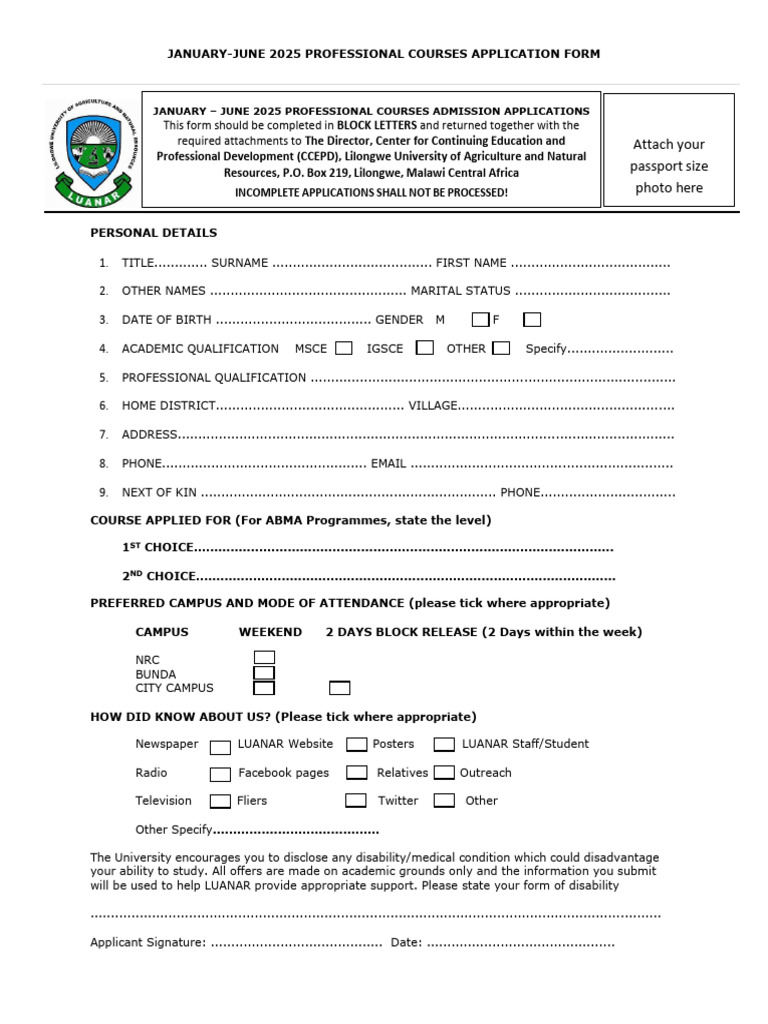 2025 Professional Courses Application Form | PDF