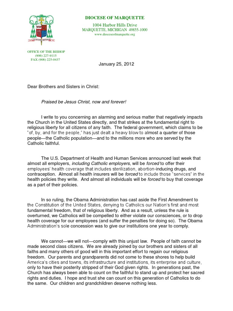 Letter From Bishop Sample On Religious Liberty | PDF | Freedom Of ...