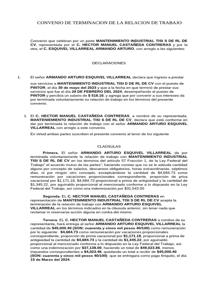 Convenio de Terminacion de La Relacion de Trabajo | PDF | Salario
