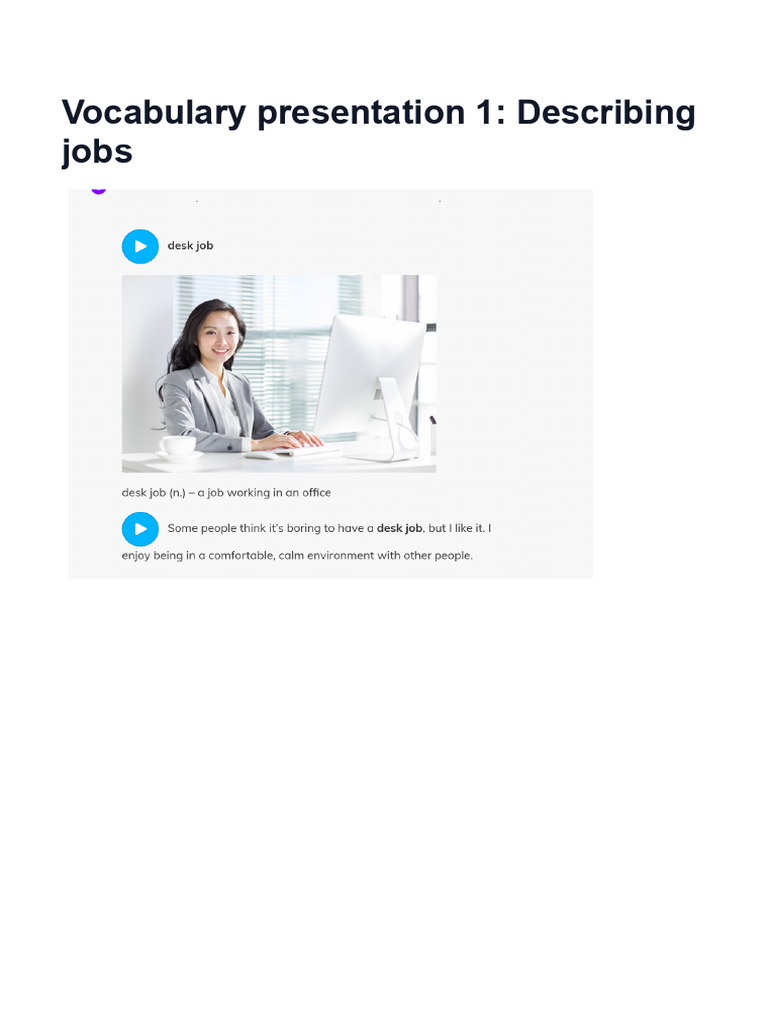 Vocabulary Presentation 1 - Describing Jobs | PDF